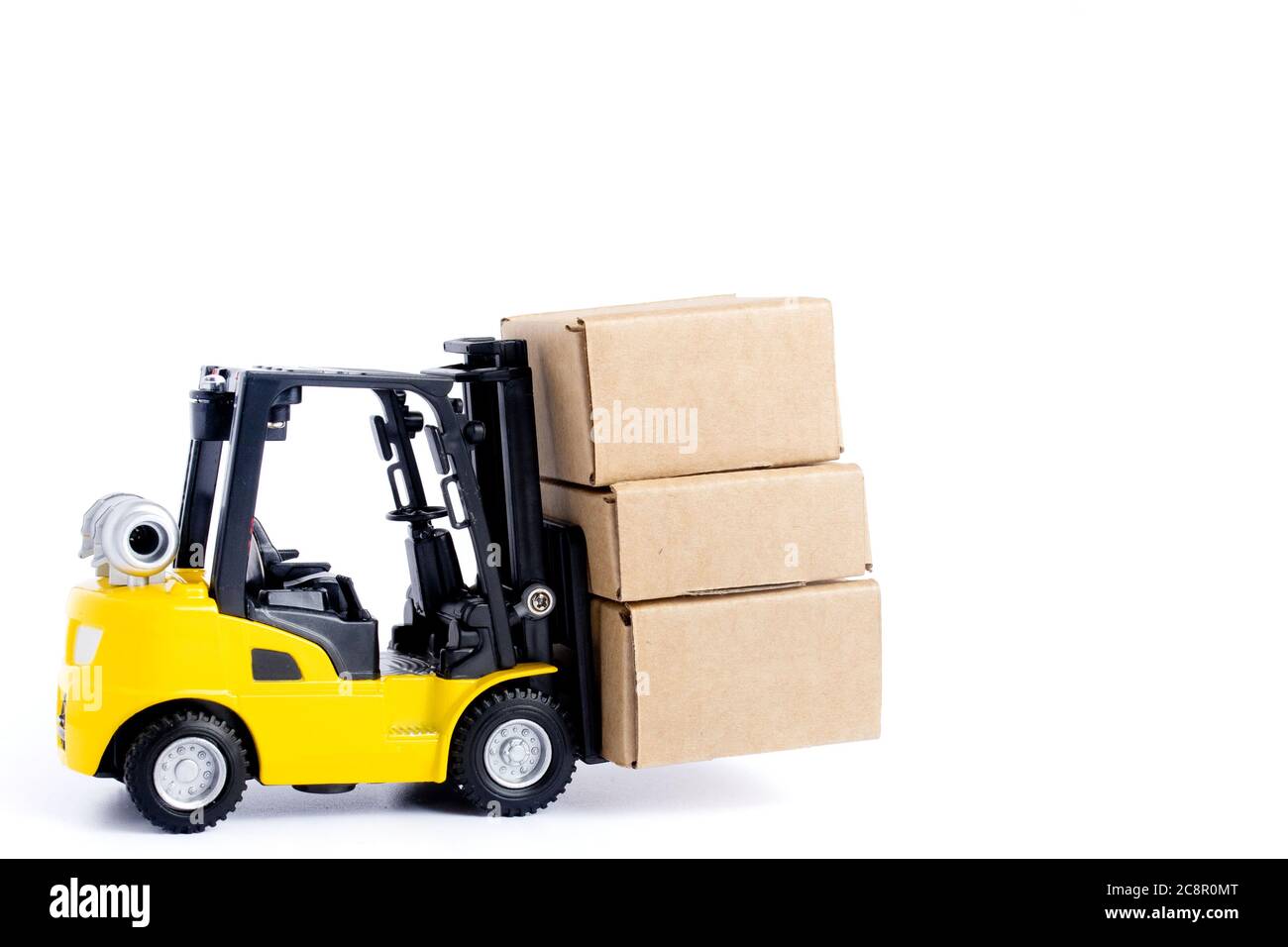 Mini forklift truck load cardboard boxes isolated on white background ...
