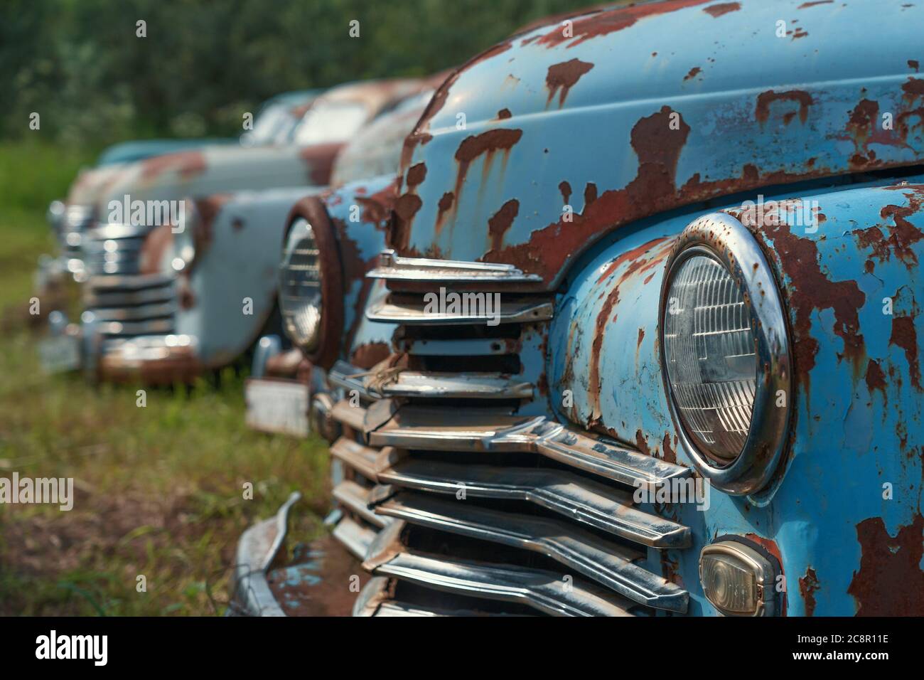 Old retro rusty abandoned cars in green grass Stock Photo - Alamy