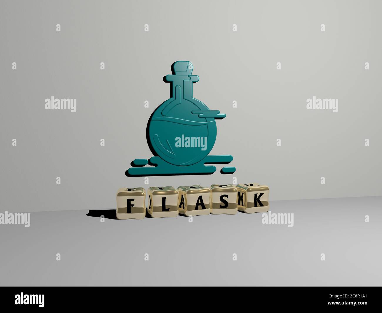 3D representation of flask with icon on the wall and text arranged by ...