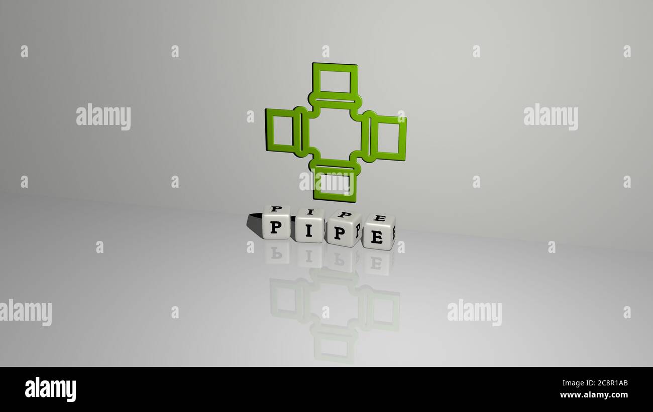 3D illustration of pipe graphics and text made by metallic dice letters ...