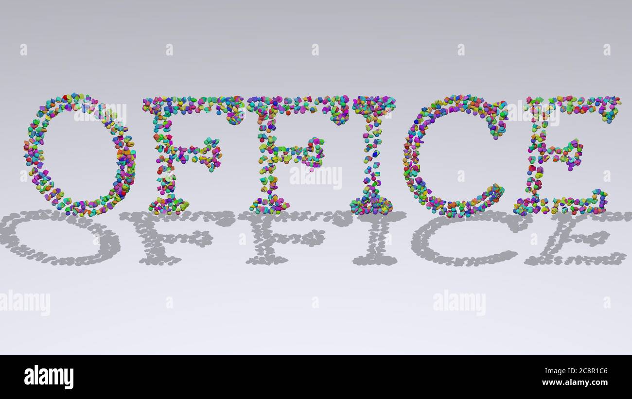 OFFICE: 3D illustration of the text made of small objects over a white ...