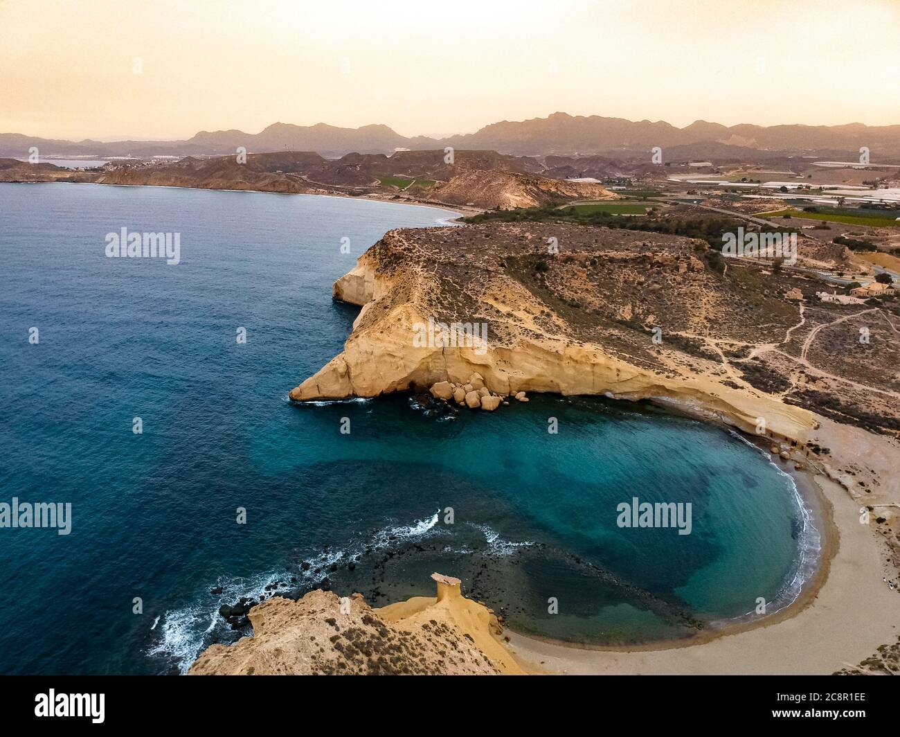 Aerial view of Playa La Carolina beach against clear sky during sunset ...