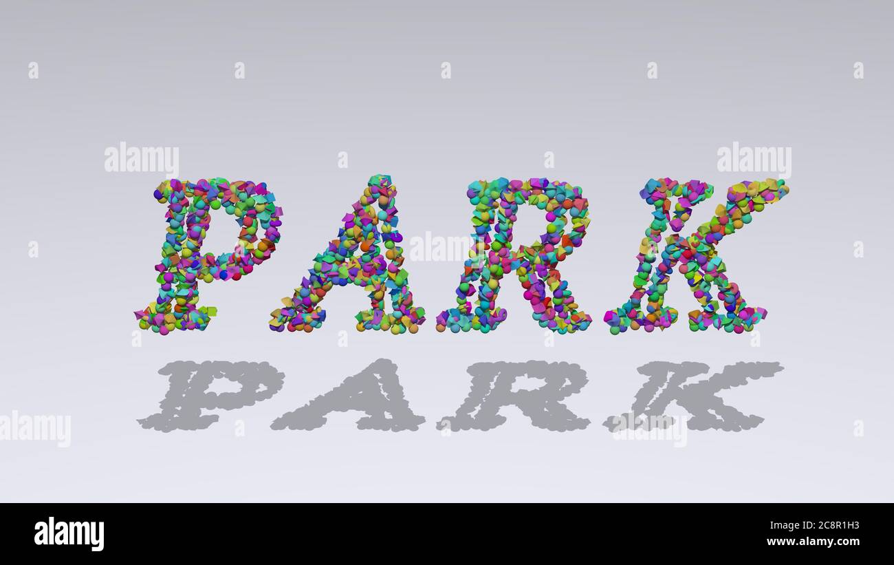 Colorful 3D writting of PARK text with small objects over a white ...