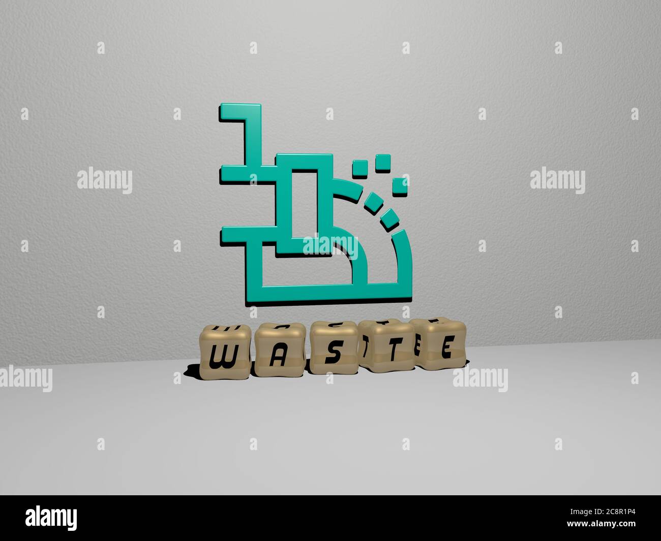 3D illustration of WASTE graphics and text made by metallic dice ...