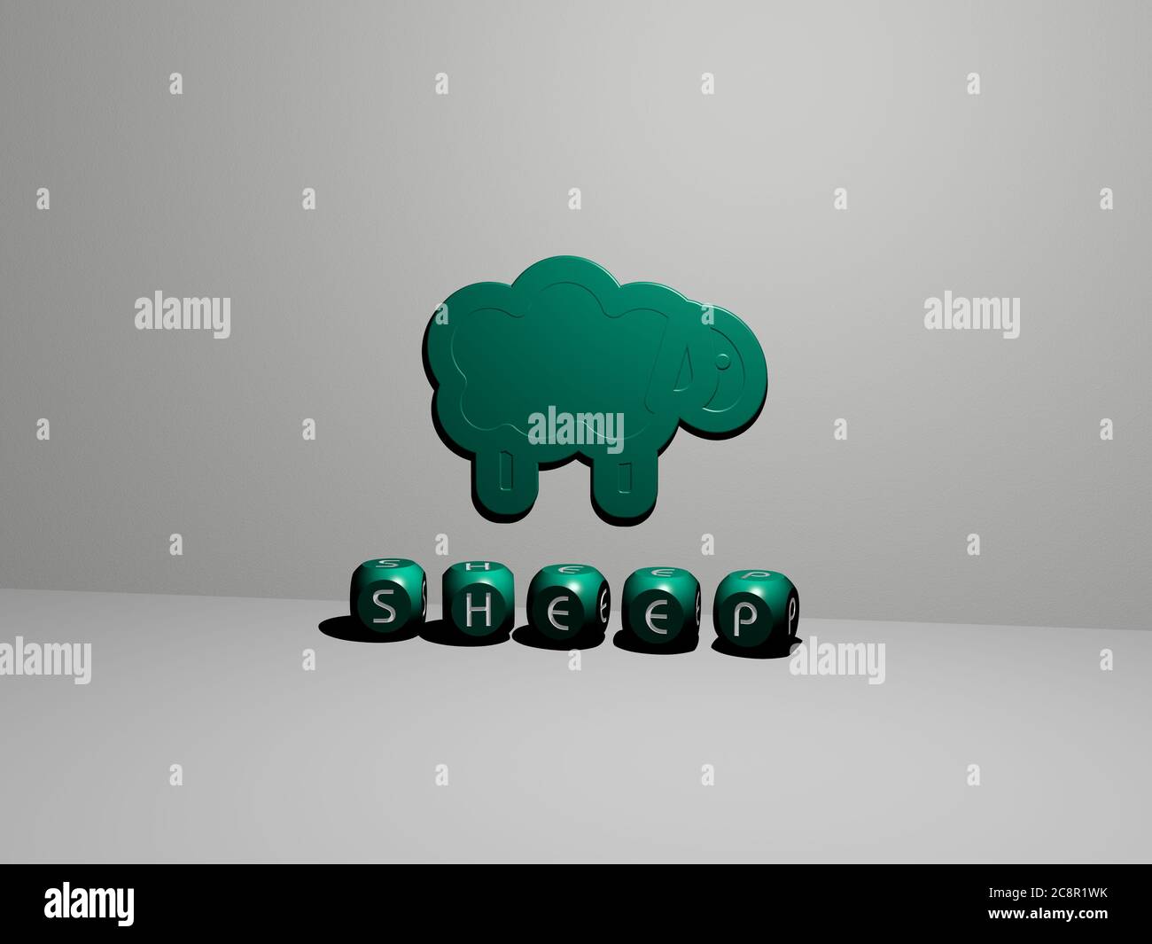 3D illustration of sheep graphics and text made by metallic dice ...