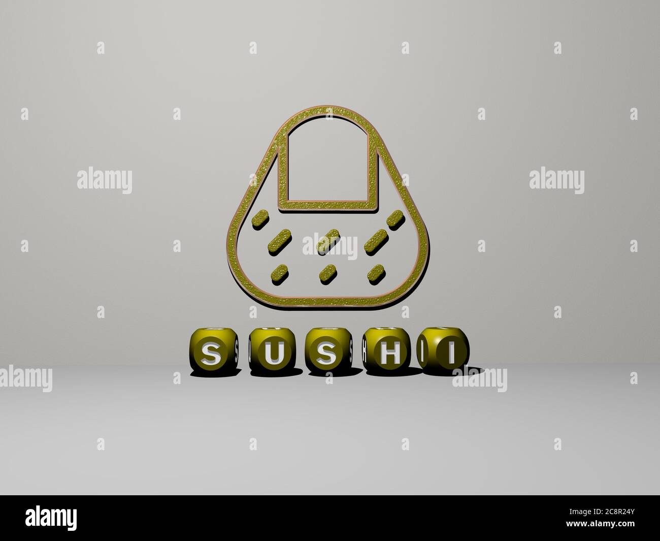 3D representation of sushi with icon on the wall and text arranged by ...