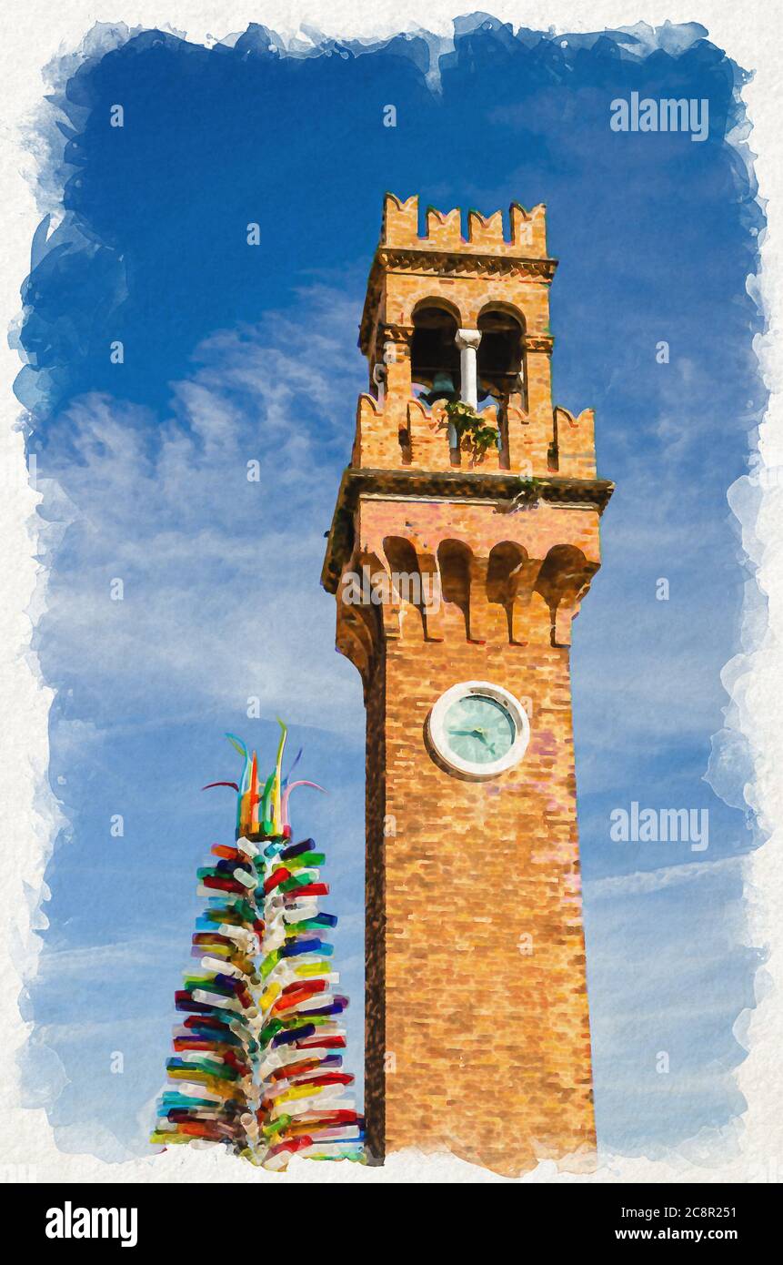 Watercolor drawing of Top of Murano clock tower Torre dell'Orologio and ...