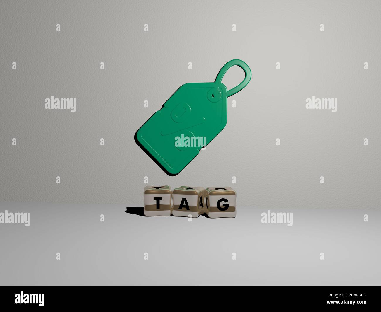 3D illustration of TAG graphics and text made by metallic dice letters ...