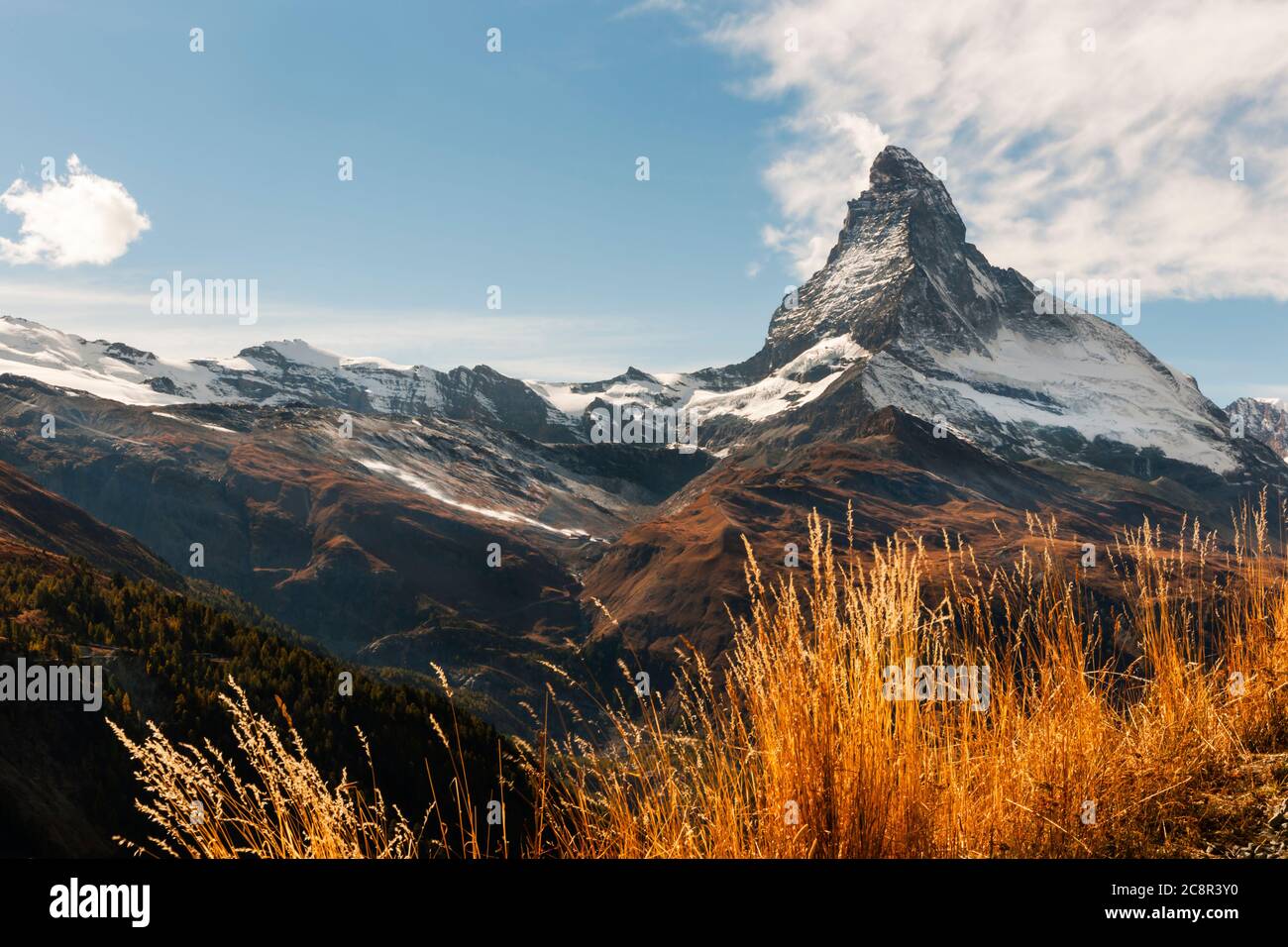 Golden autumn grass frame the stunning Matterhorn, on hiking trail, in ...