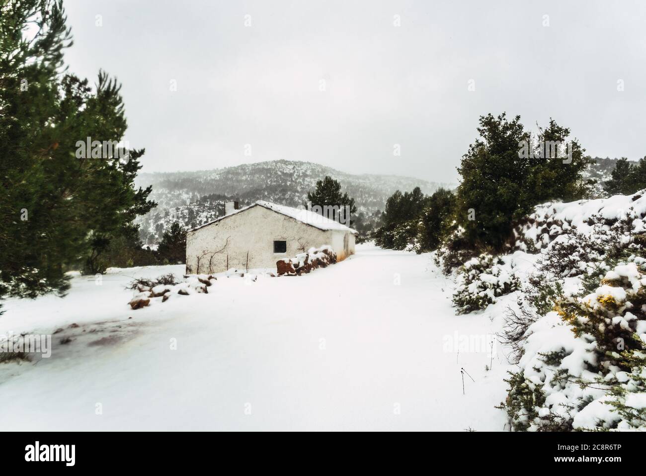 Rural house isolated in the mountains during an intense snowfall Stock ...
