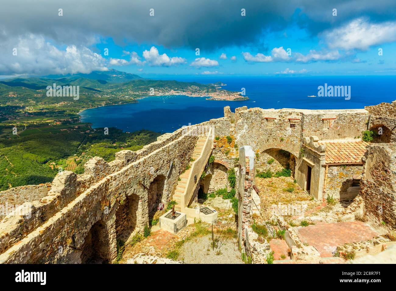 Aerial view of ruins of hexagonal Castello del Volterraio or Volterraio ...