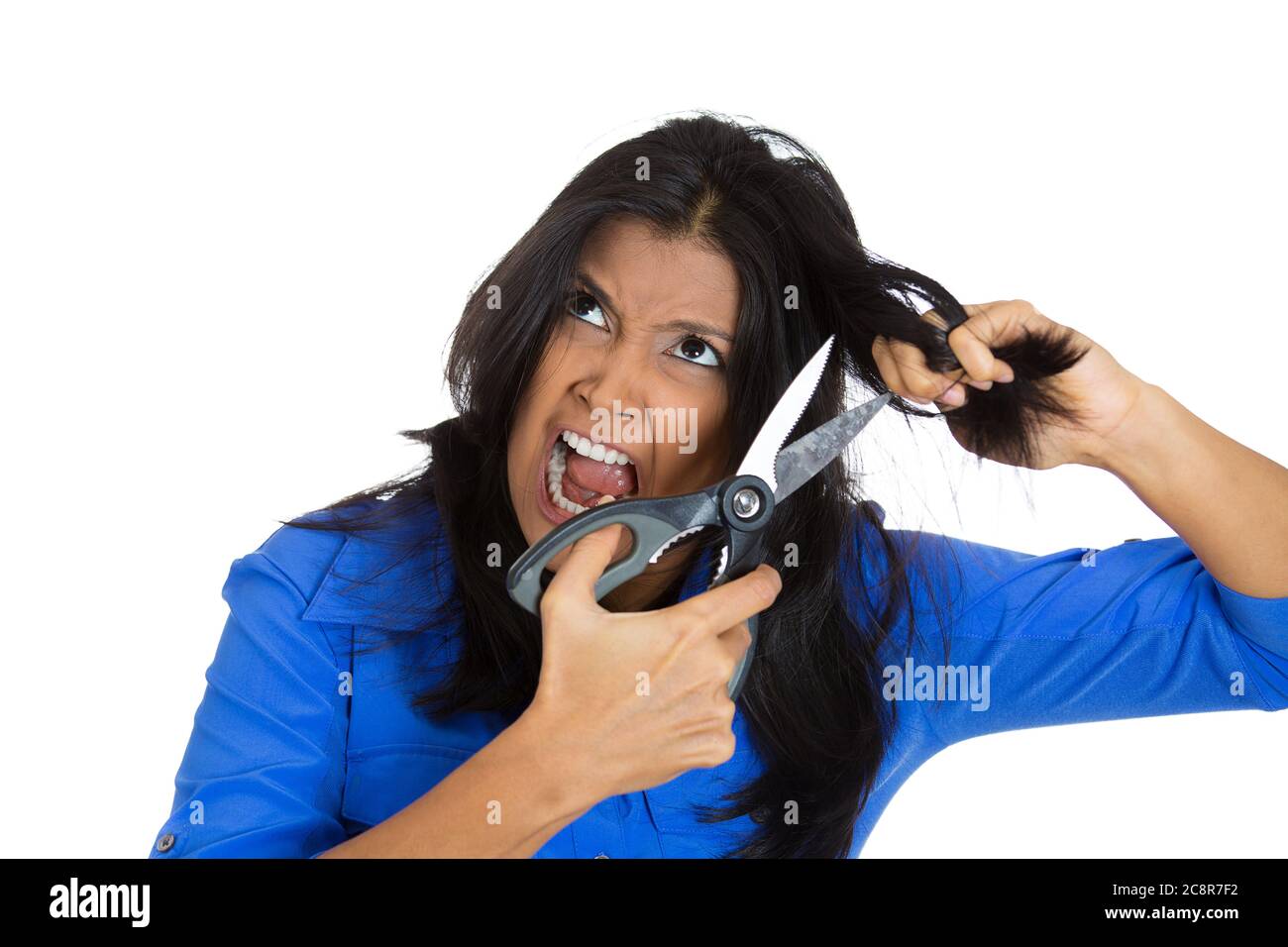 Closeup portrait of angry pissed off woman having bad day about to chop ...