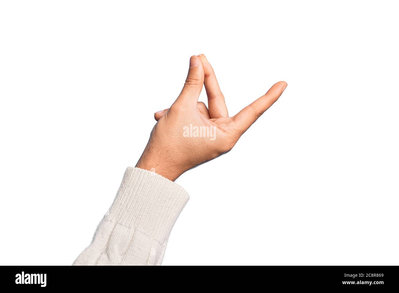 Hand of caucasian young man showing fingers over isolated white ...