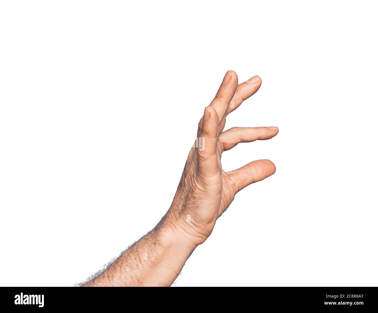 Hand of caucasian middle age man over isolated white background picking ...
