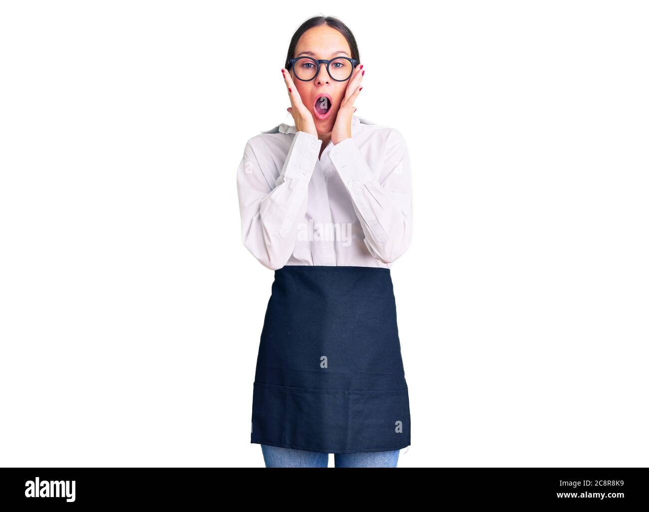 Beautiful brunette young woman wearing professional waitress apron ...