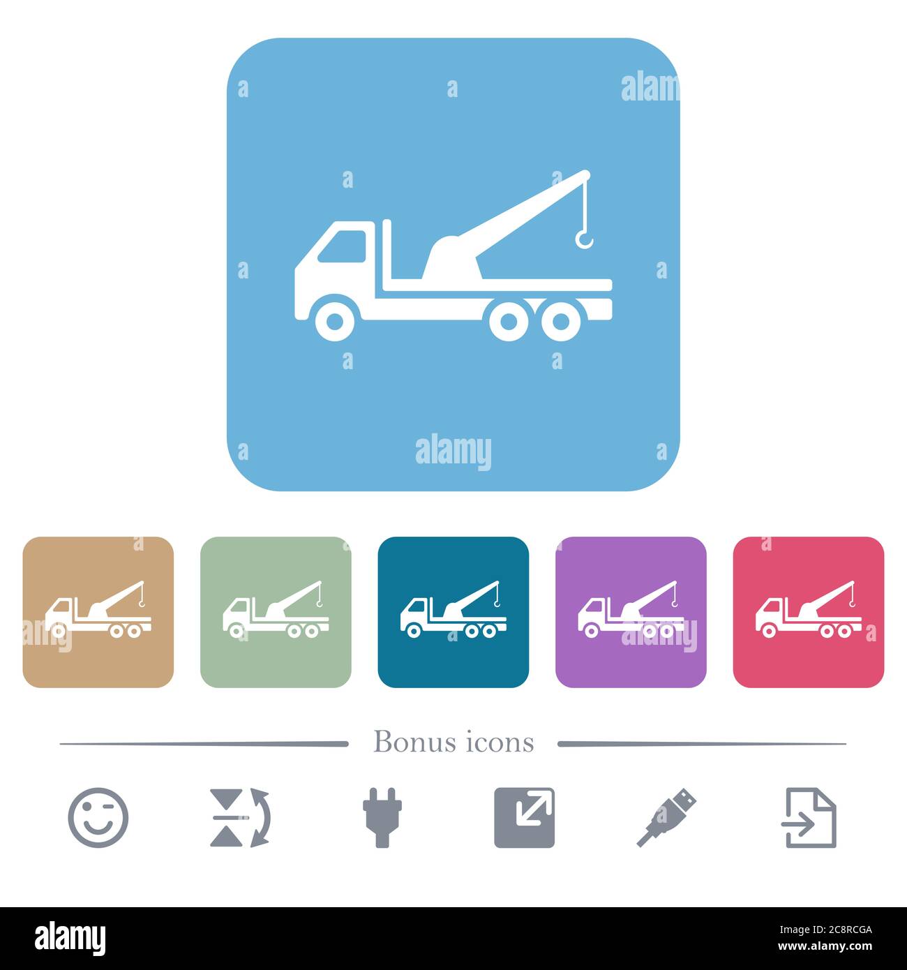 Crane truck white flat icons on color rounded square backgrounds. 6 ...
