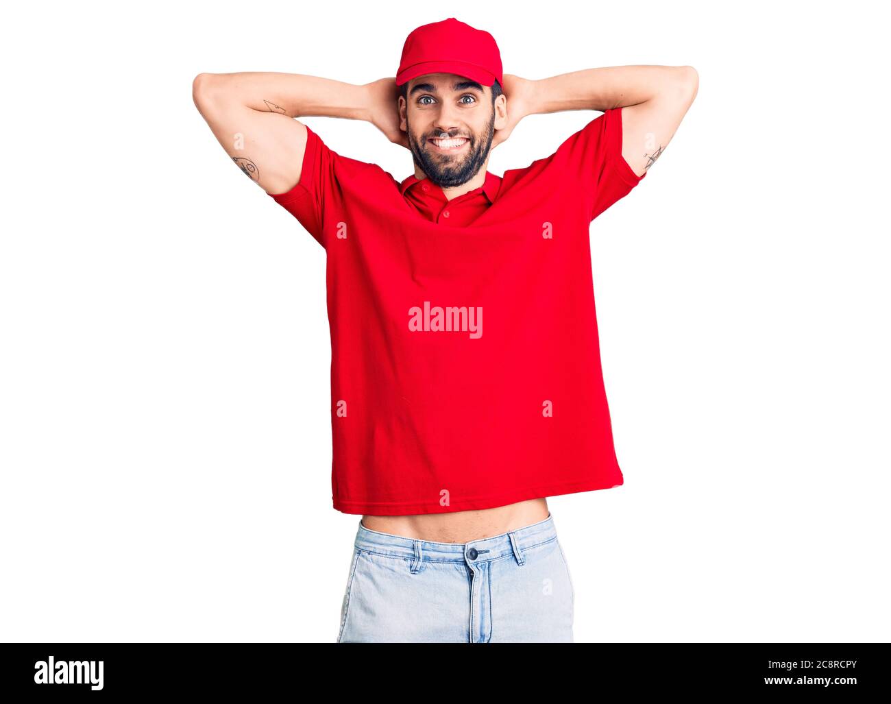 Young Handsome Man With Beard Wearing Delivery Uniform Relaxing And