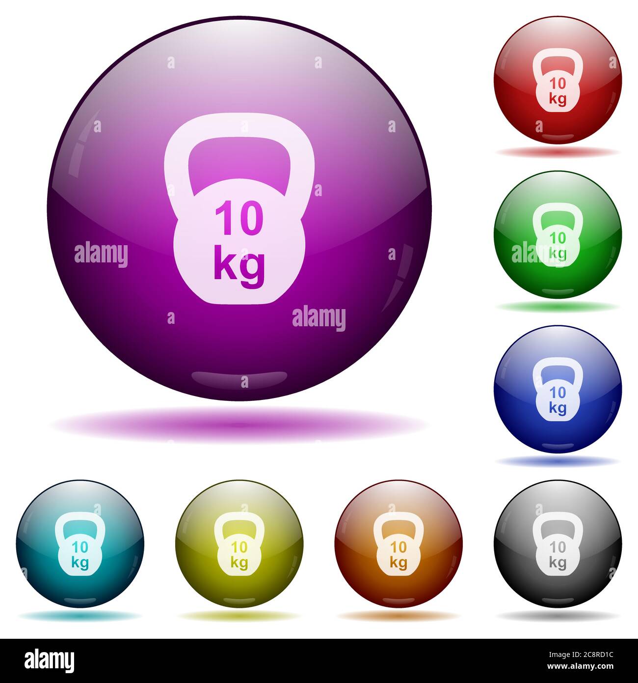 Kettlebel 10 Kg icons in color glass sphere buttons with shadows Stock ...
