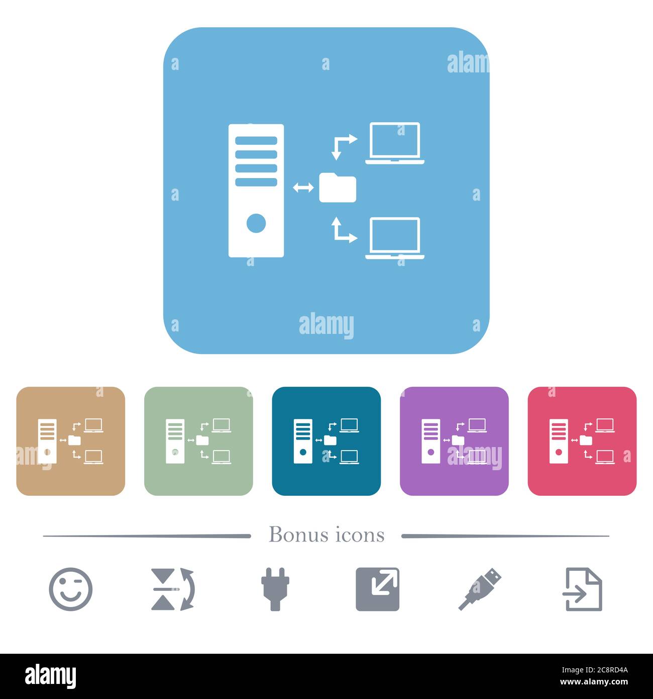 Network file system with server white flat icons on color rounded ...