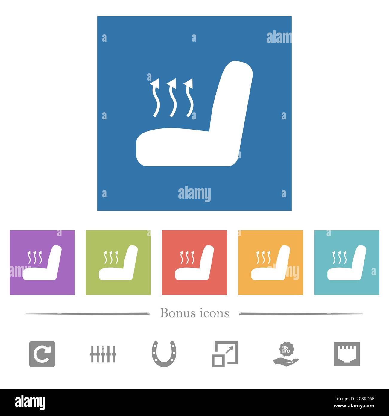 Car seat heating flat white icons in square backgrounds. 6 bonus icons ...