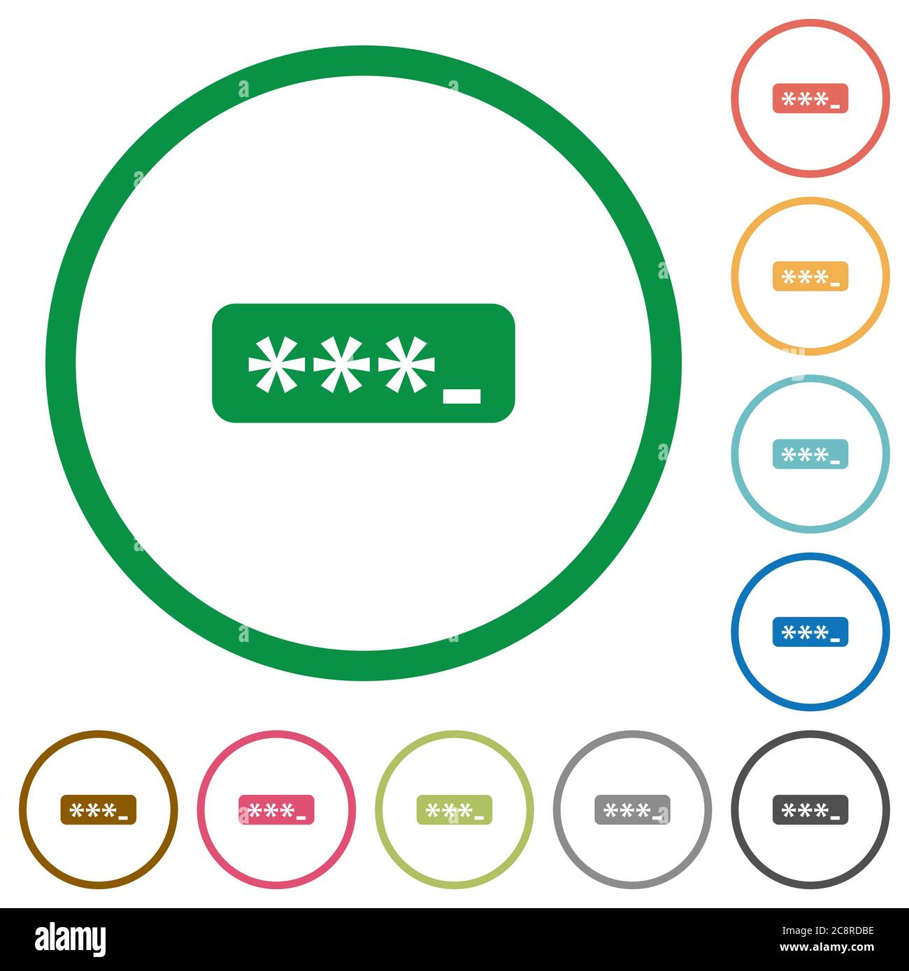 Set of Password typing color round outlined flat icons on white ...