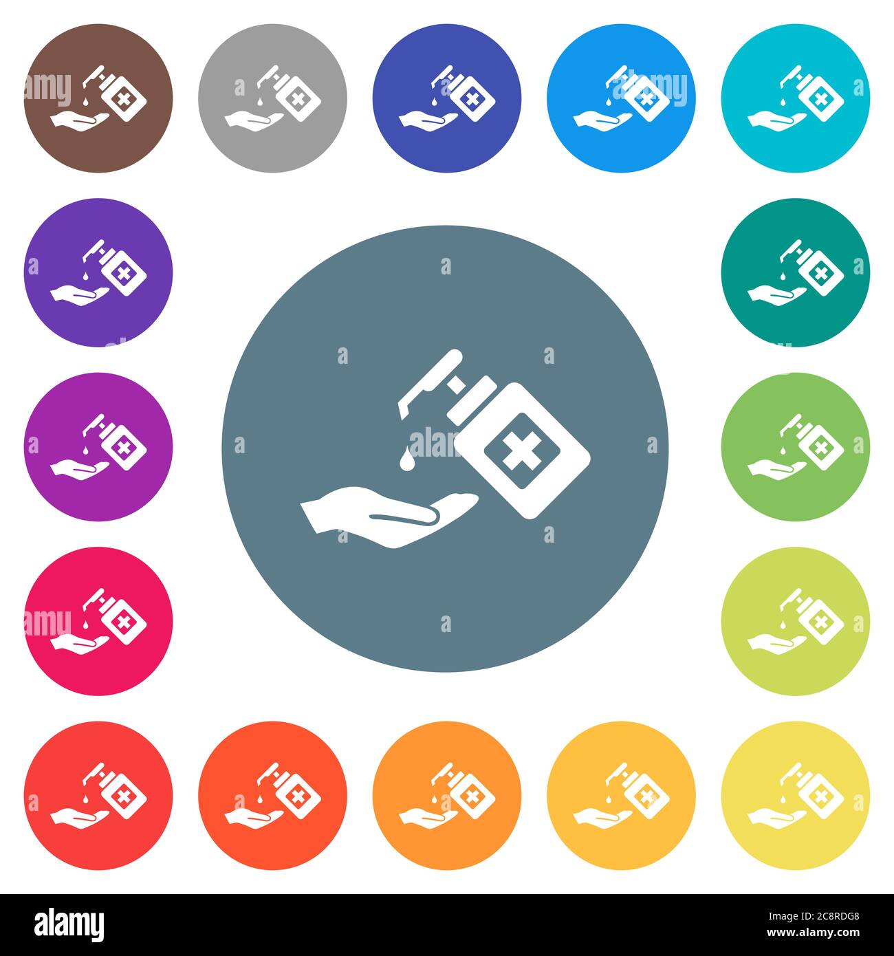 Hand washing with hand sanitizer flat white icons on round color ...