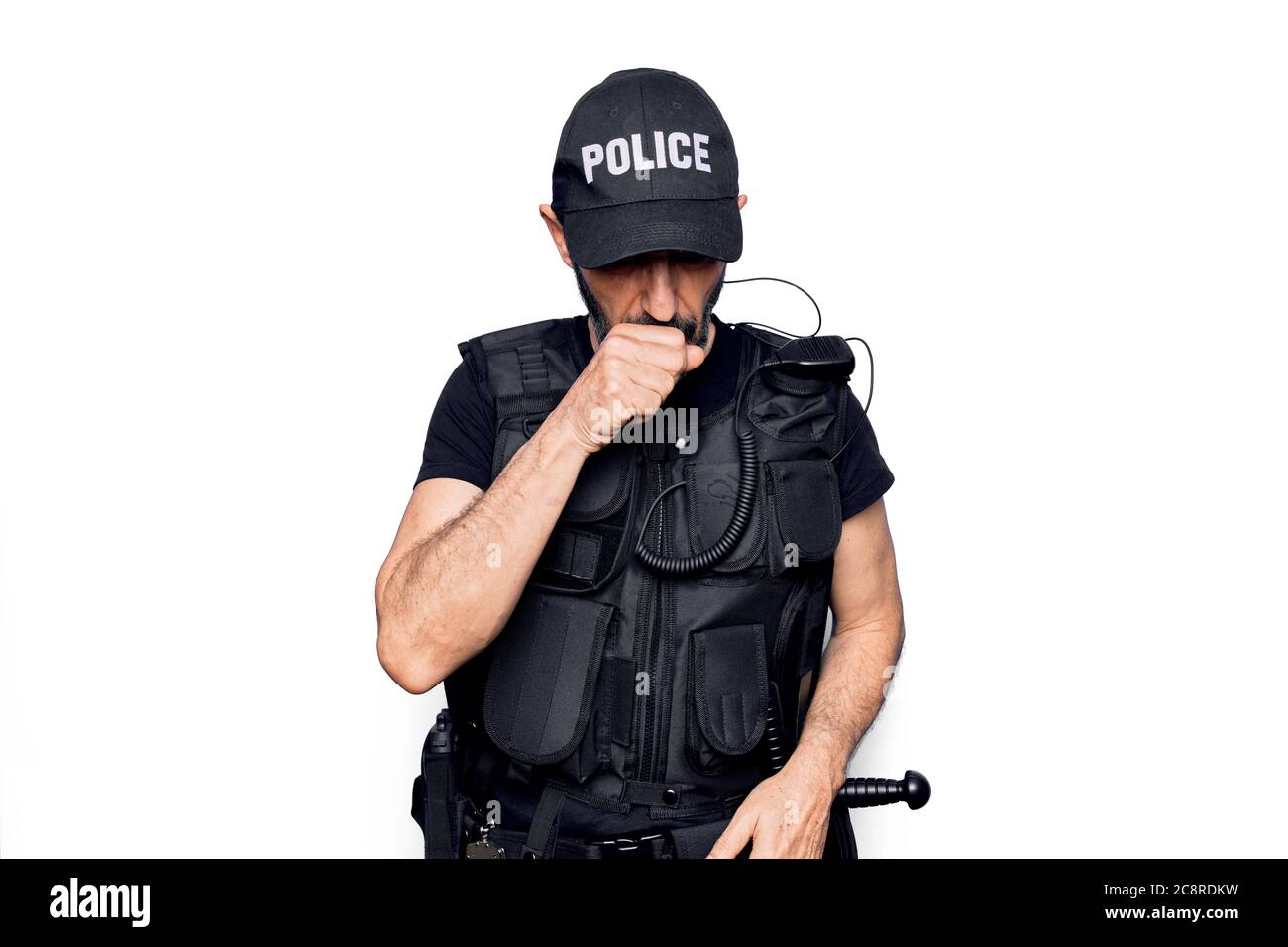 Middle age policeman wearing police uniform and bulletproof vest over ...