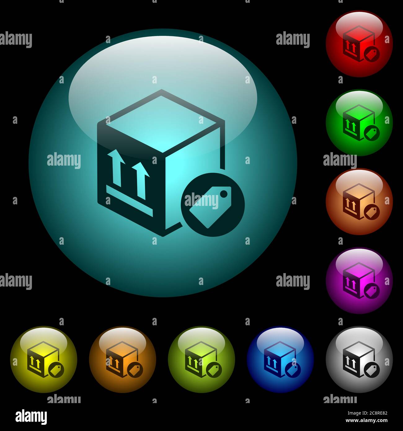 Package labeling icons in color illuminated spherical glass buttons on ...