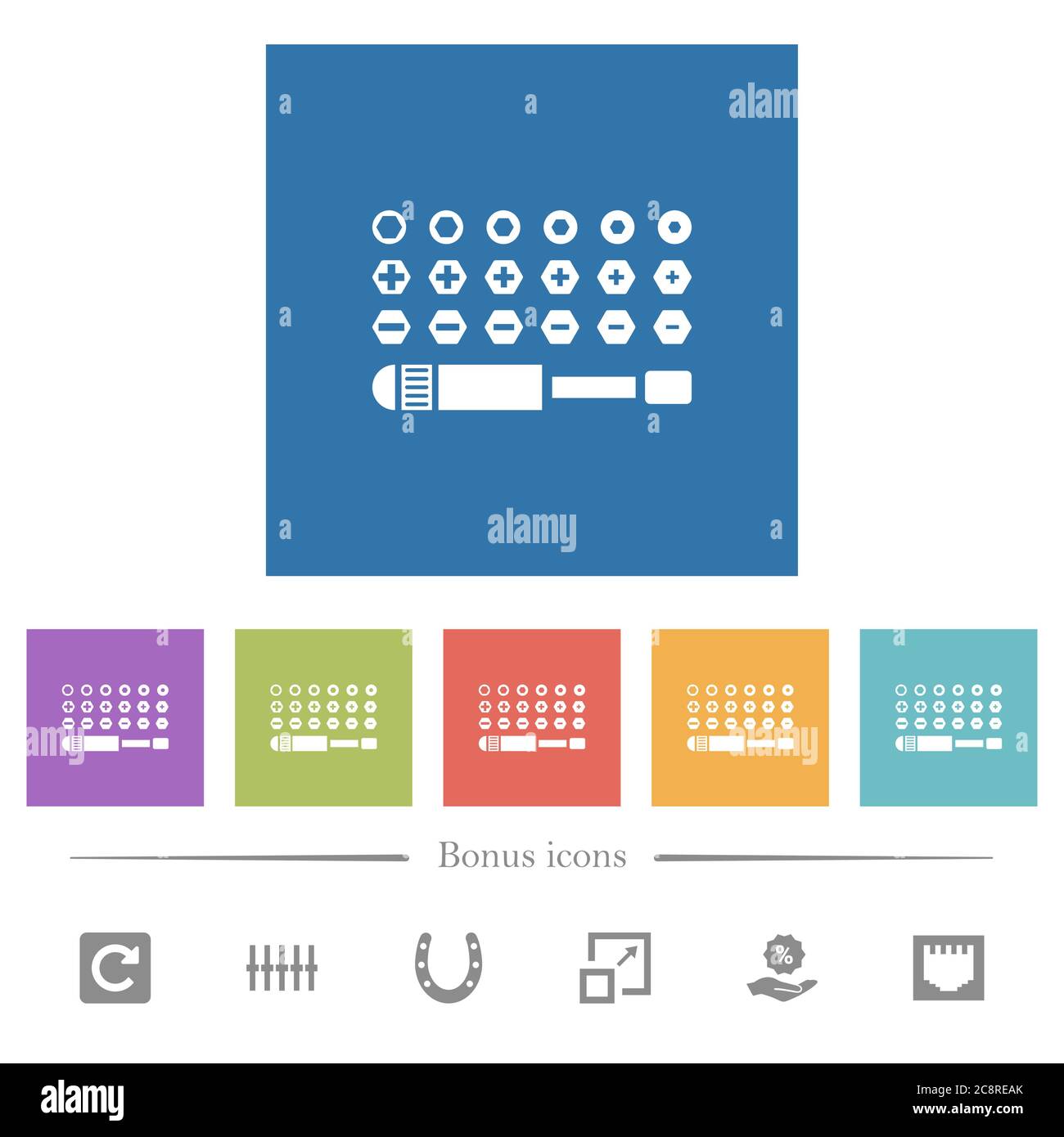 Set of screwdriver bits flat white icons in square backgrounds. 6 bonus ...