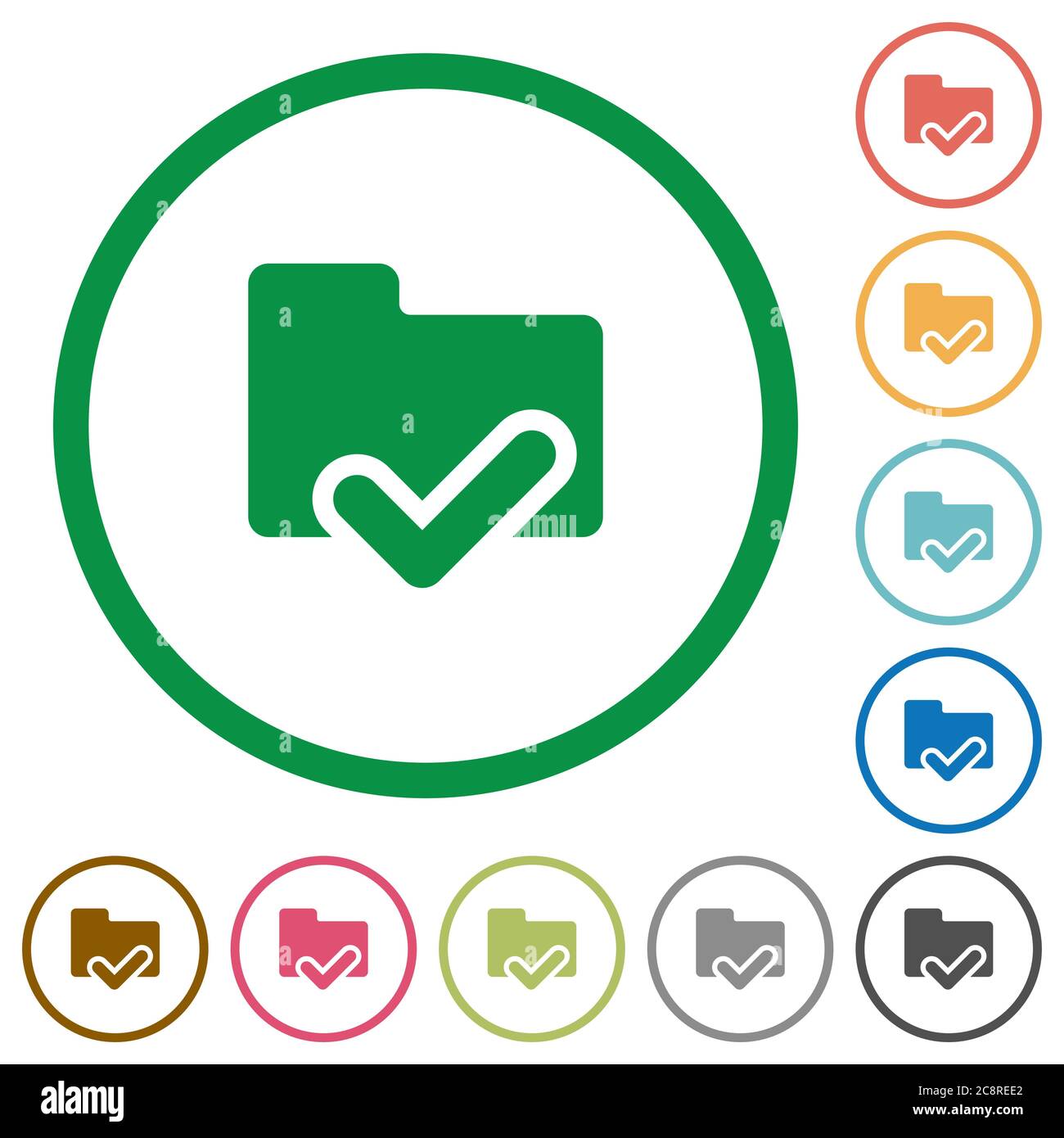 Set of folder ok color round outlined flat icons on white background ...