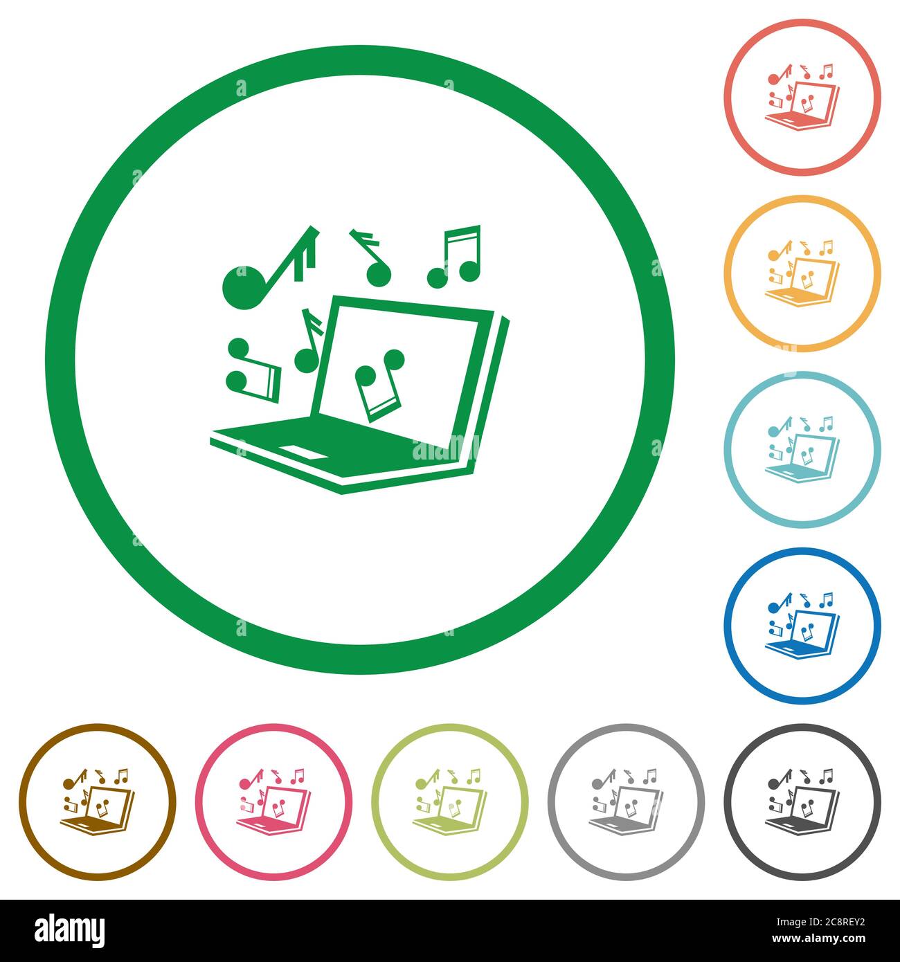 Set of Multimedia laptop color round outlined flat icons on white ...