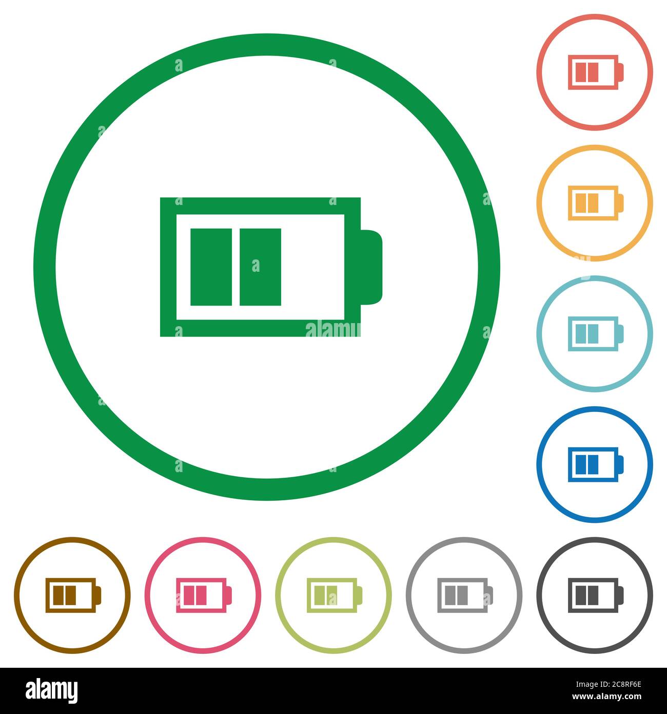Set of Half battery color round outlined flat icons on white background ...