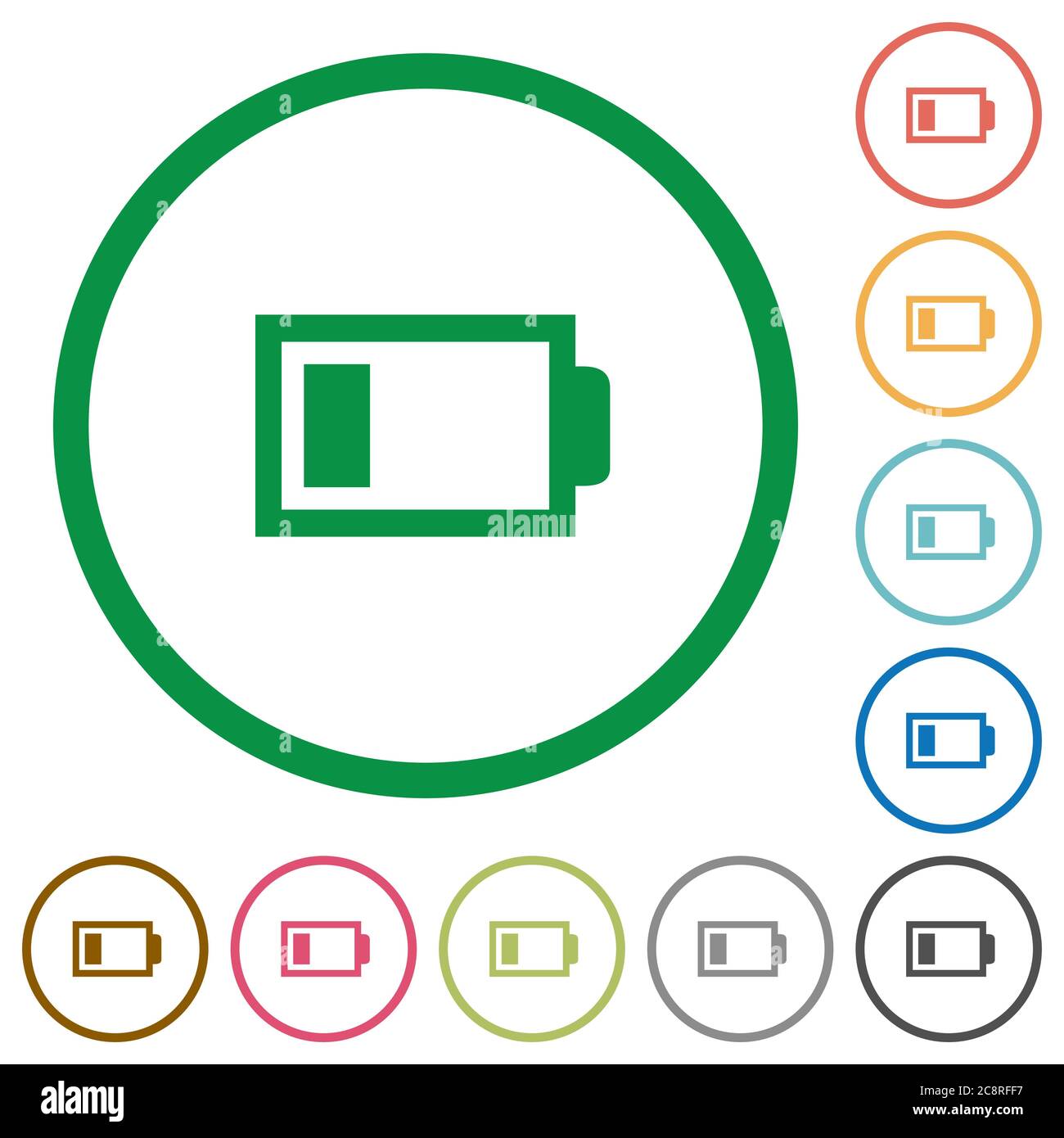 Set of Low battery color round outlined flat icons on white background ...