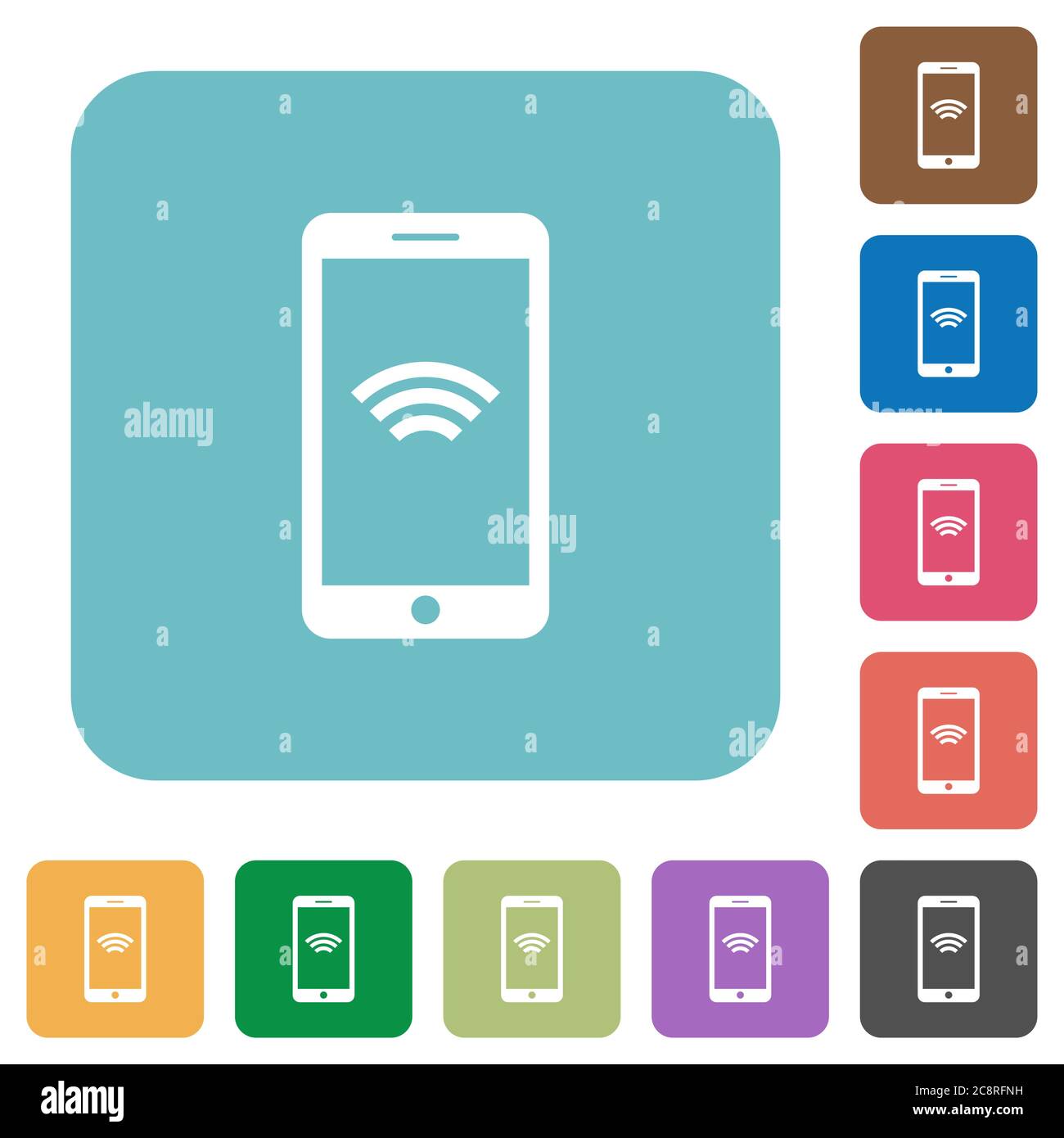 Flat cellphone with wireless symbol icons on rounded square color ...