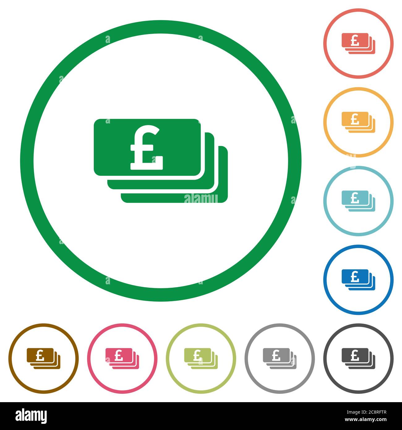 Set of Pound banknotes color round outlined flat icons on white ...