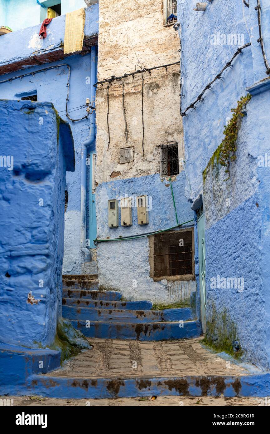 Blue-tinted buildings predominate in the city of Chefchaouen, Morocco ...