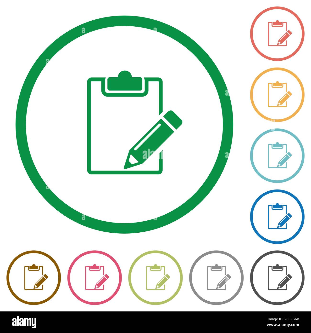 Set of Blank notepad with pencil color round outlined flat icons on ...