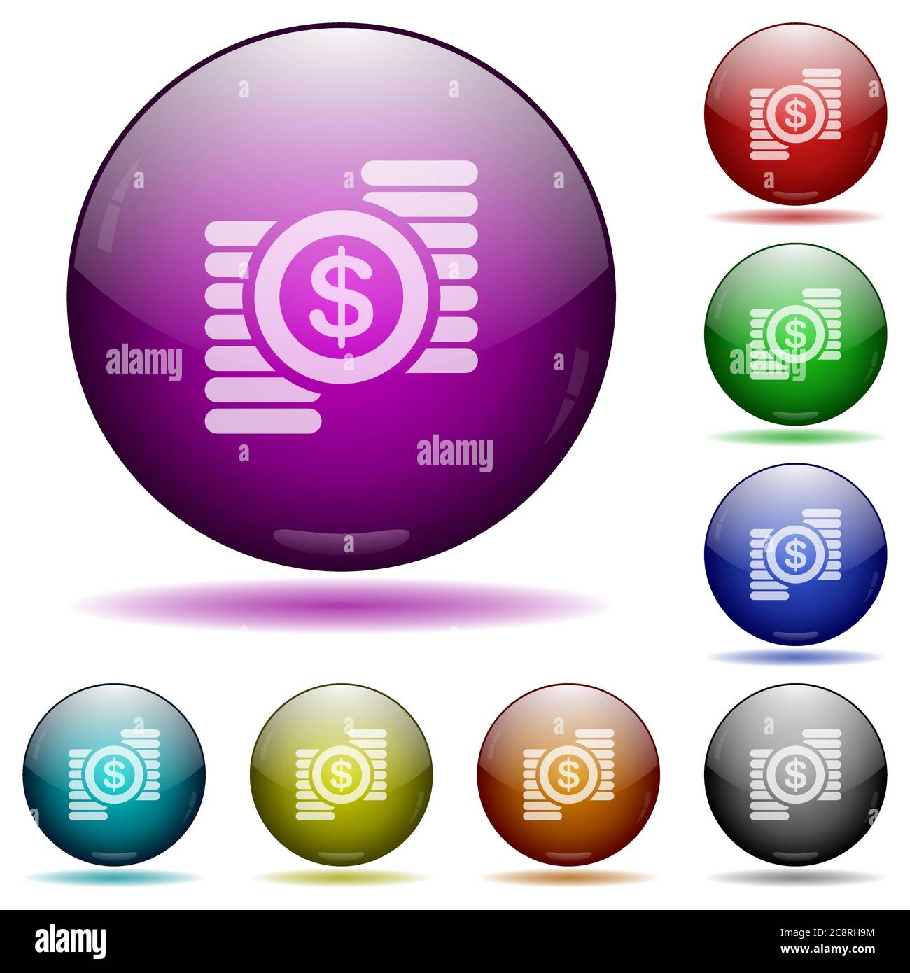 Set of color Dollar coins glass sphere buttons with shadows Stock ...