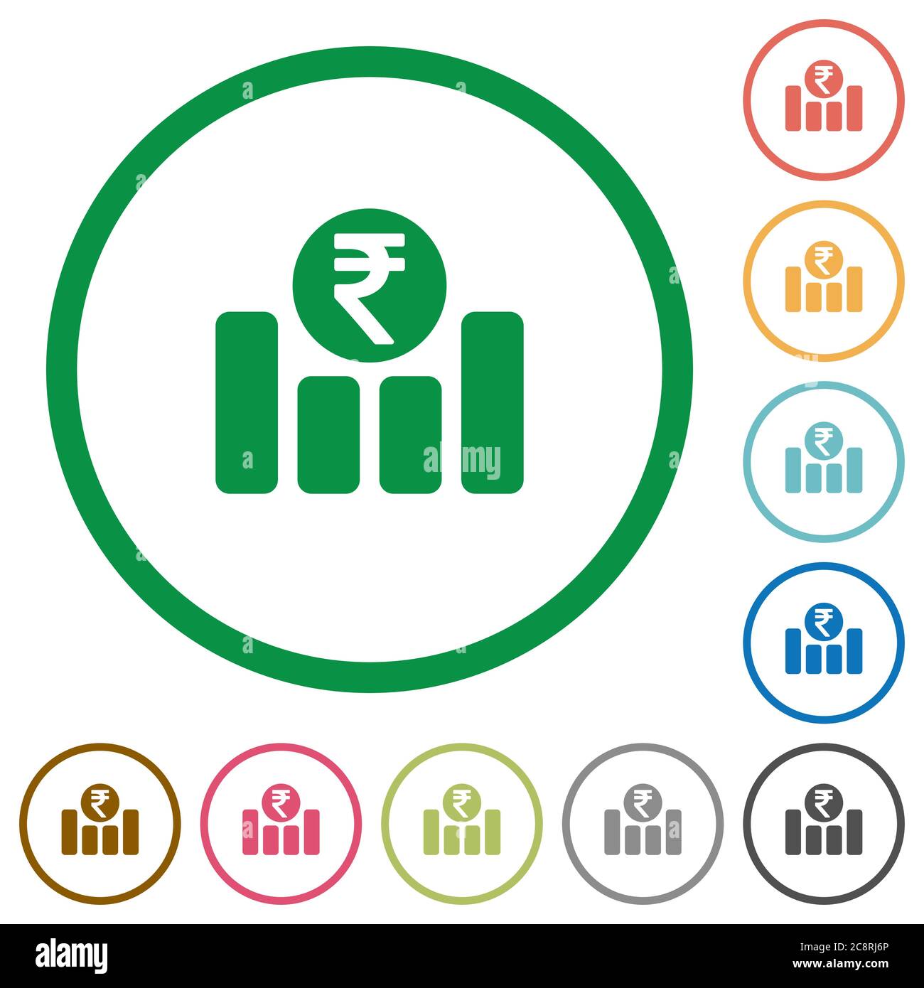 Set of Indian Rupee graph color round outlined flat icons on white ...