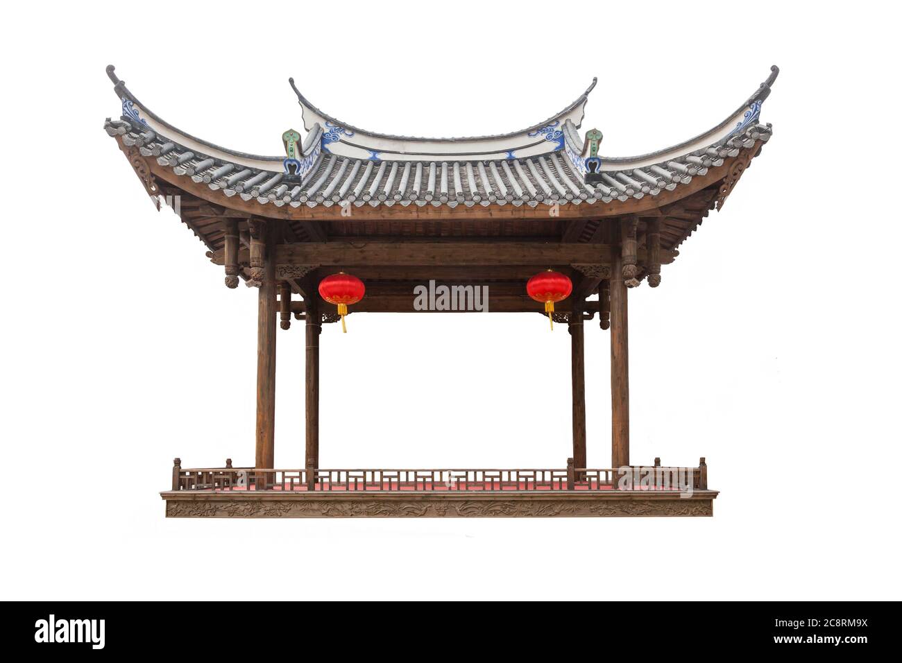 Old Chinese traditional pavilion or stage with red lantern hanging ...