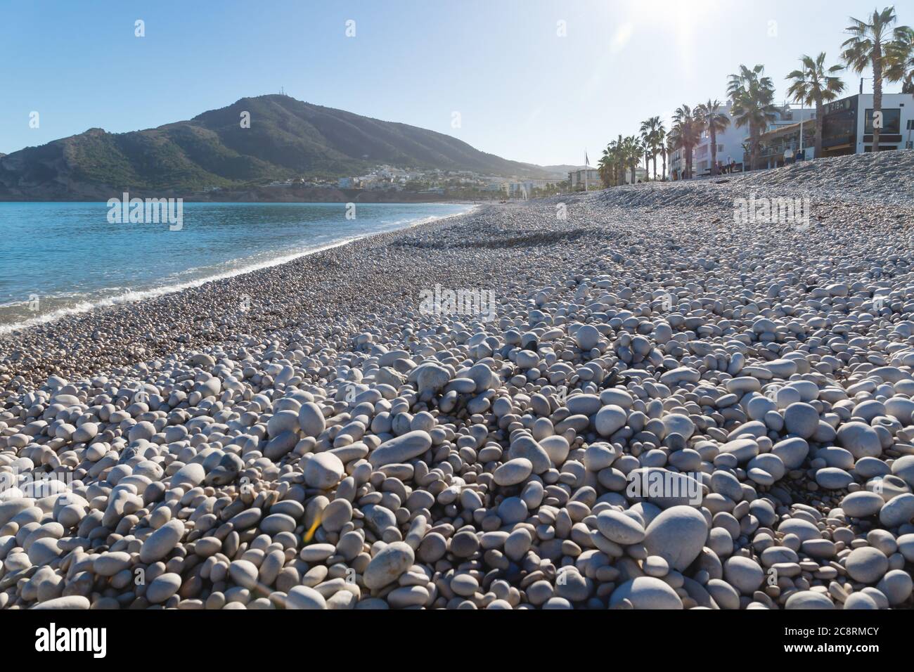 Stone beach of Albir with view on the promenade aligned with palm trees ...