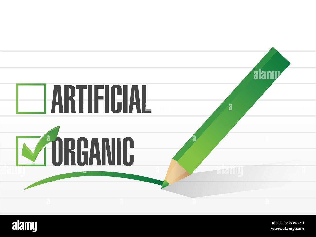 Organic over artificial check mark illustration design over a white ...