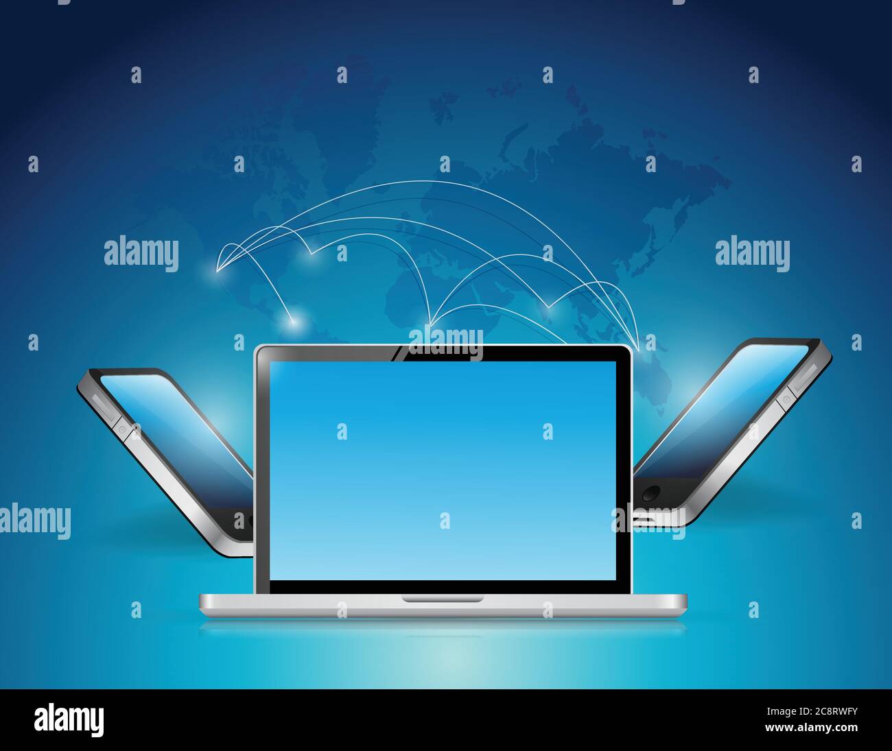 Laptop and phones network and world map. illustration design over a ...