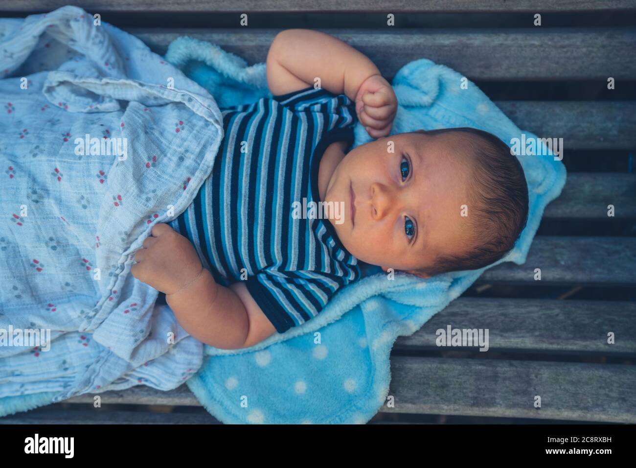 A little baby is resting on a bench Stock Photo - Alamy