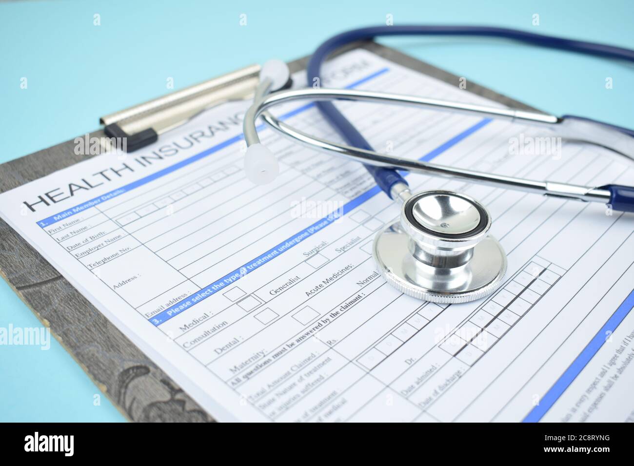 Health insurance form with stethoscope Medical Form Stock Photo - Alamy