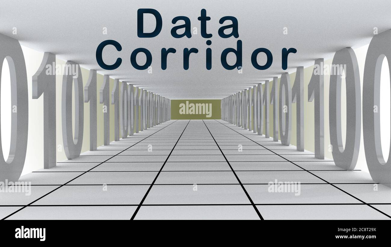 3D illustration of Data Corridor script over a symbolc corridor of ones ...