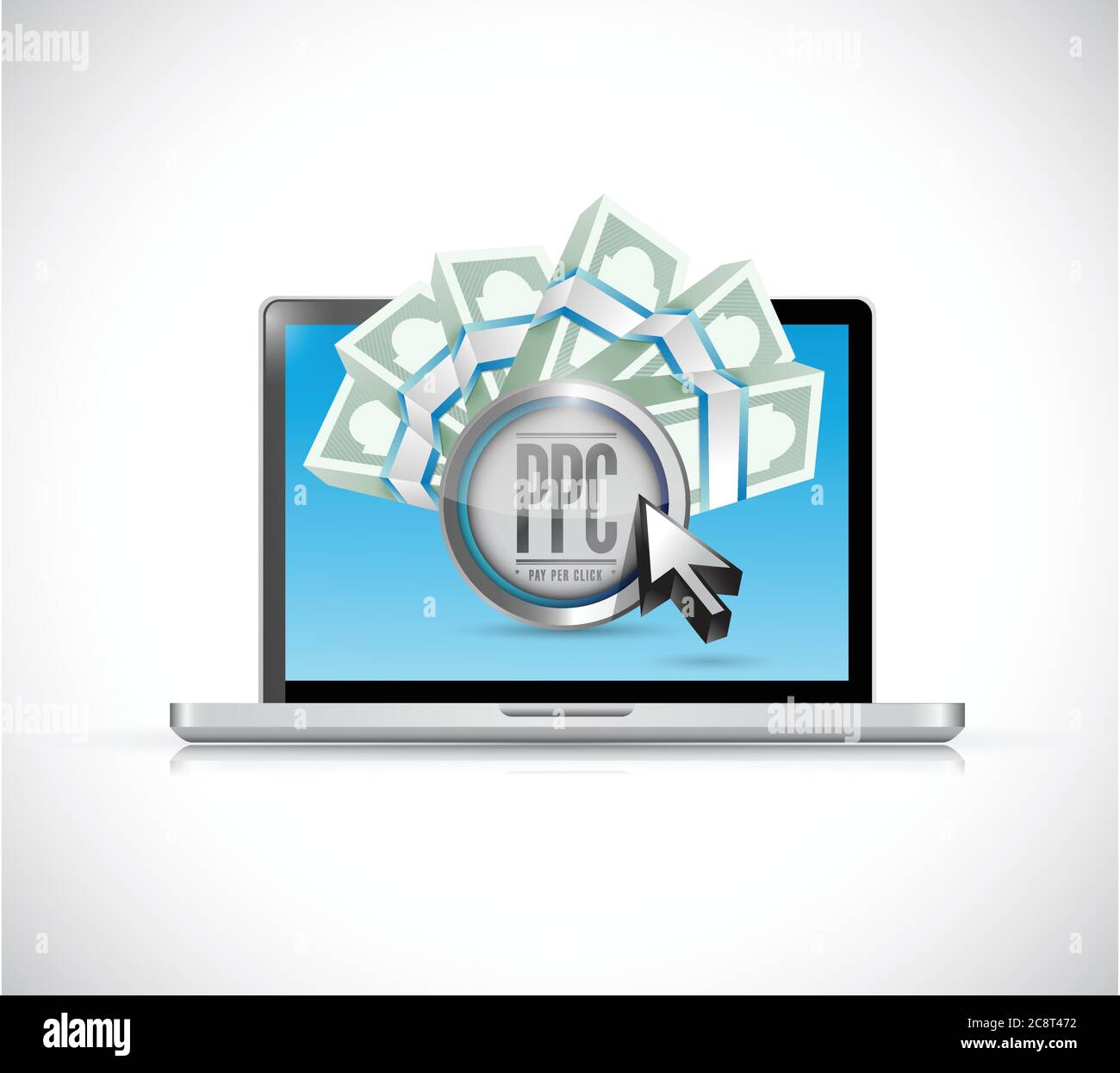 Pay per click bills and laptop illustration design over a white ...