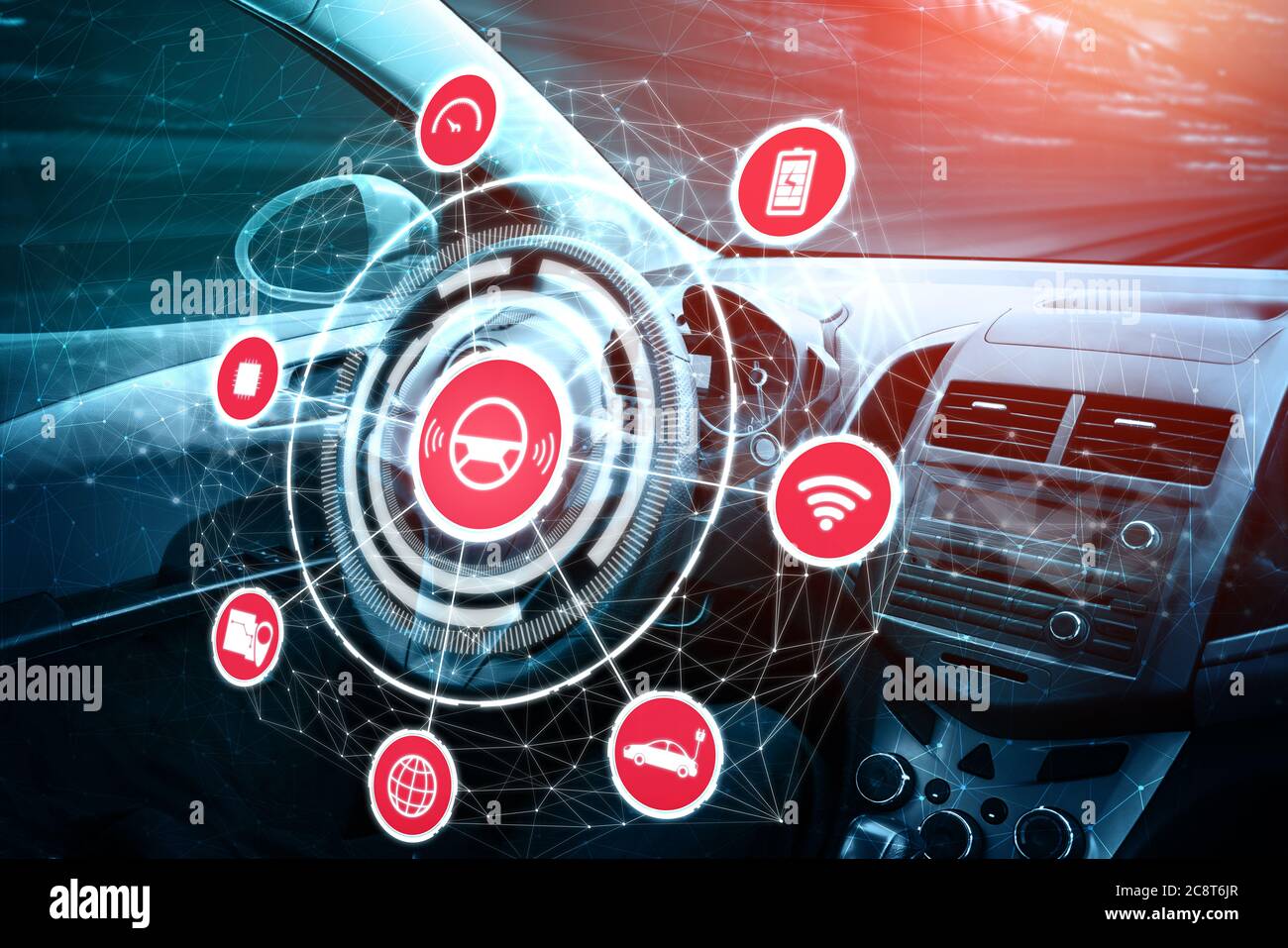 Driverless car interior with futuristic dashboard for autonomous ...