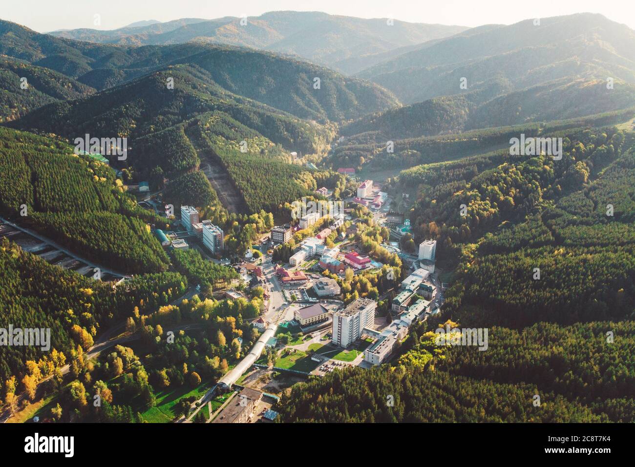 Aerial view of a small town in the Altai territory. Top view of the ...