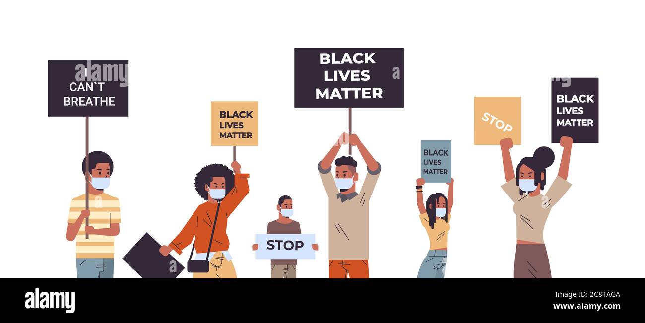 mix race protesters with black lives matter banners protesting against ...